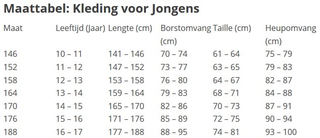Kledingmaten jongens tabel - Kledingmaten.nl